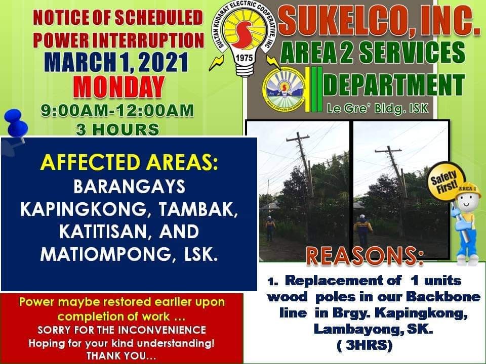 SUKELCO Scheduled Power Interruption for March 1, 2021 – SUKELCO