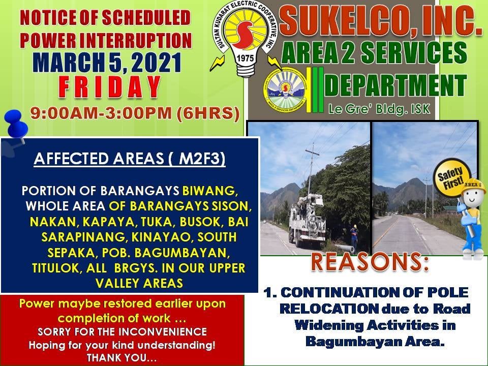SUKELCO Scheduled Power Interruption for March 5, 2021 – SUKELCO